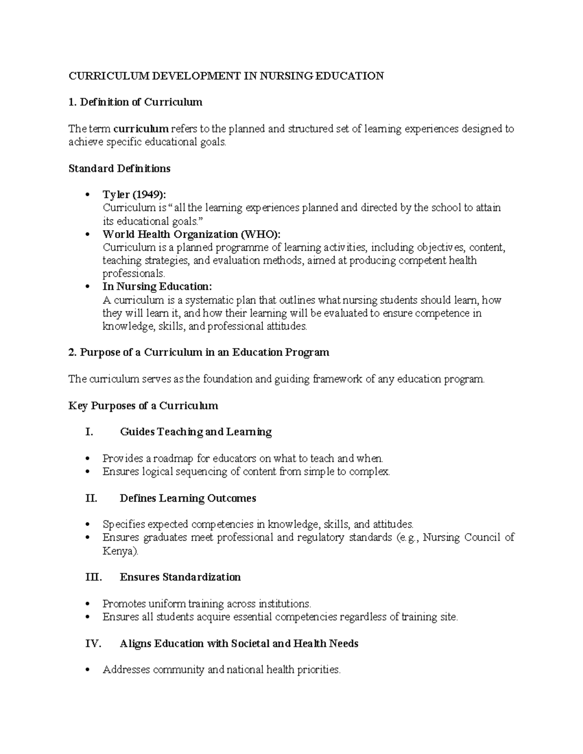 NUR 101: Curriculum Development in Nursing Education Overview - Studocu