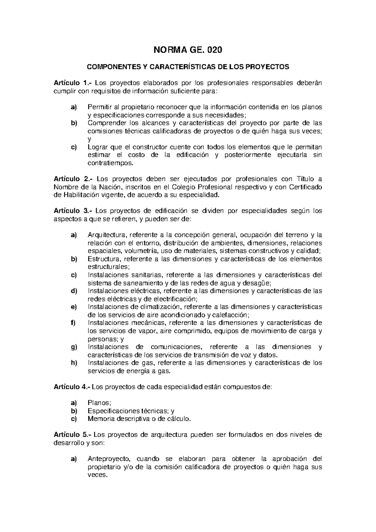 GE.020 Componentes y Características de Proyectos de Edificación - Studocu