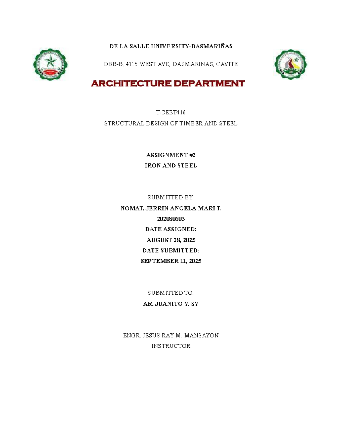 TAS 4115 Structural Design of Timber & Steel Assignment - Studocu