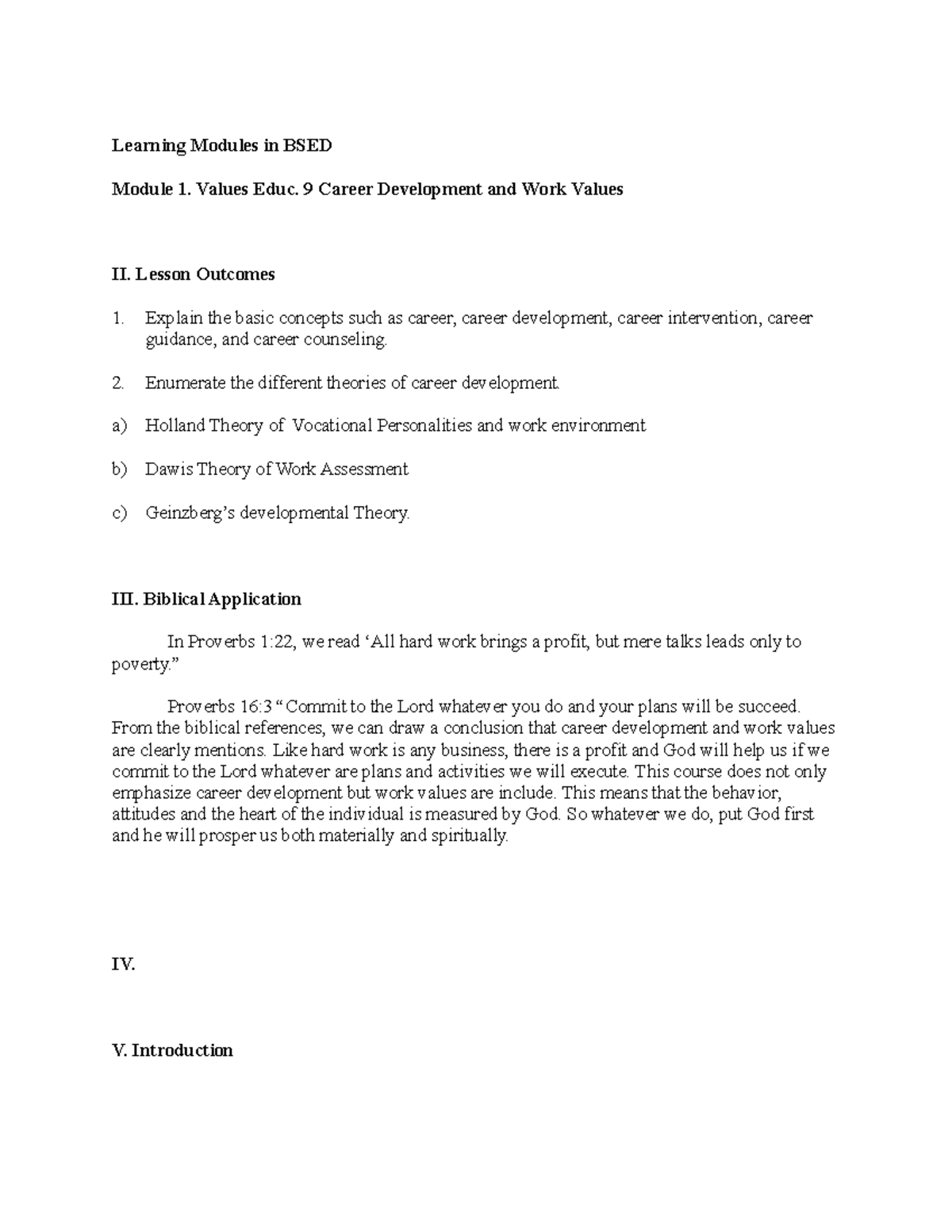 Career Development and Work Values - Learning Modules in BSED Module 1 ...