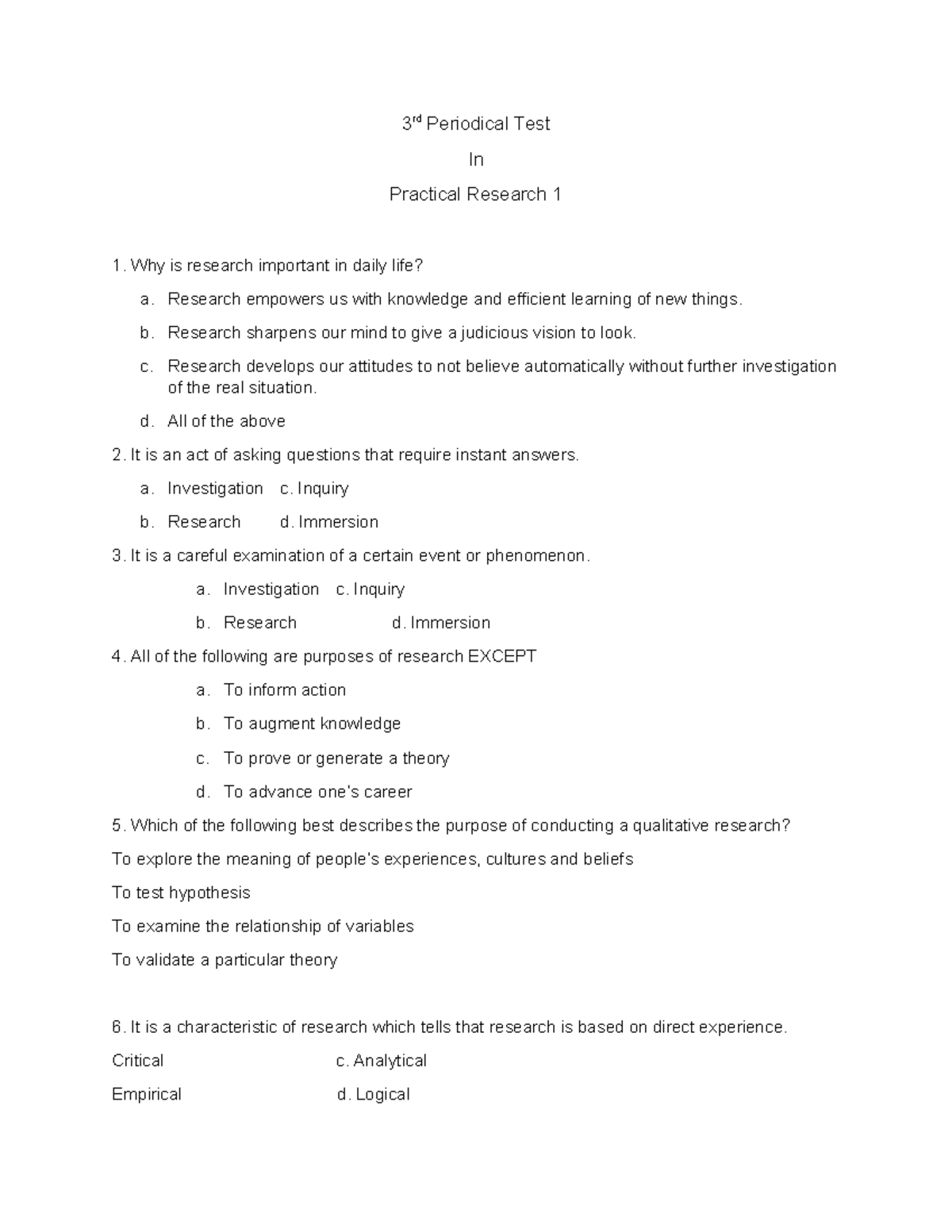 3rd Periodical Test - Exam Guide for Practical Research 1 - Studocu
