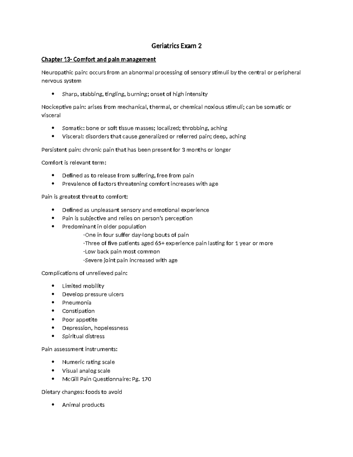 Geriatric Exam 2 Review - Geriatrics Exam 2 Chapter 13- Comfort and ...