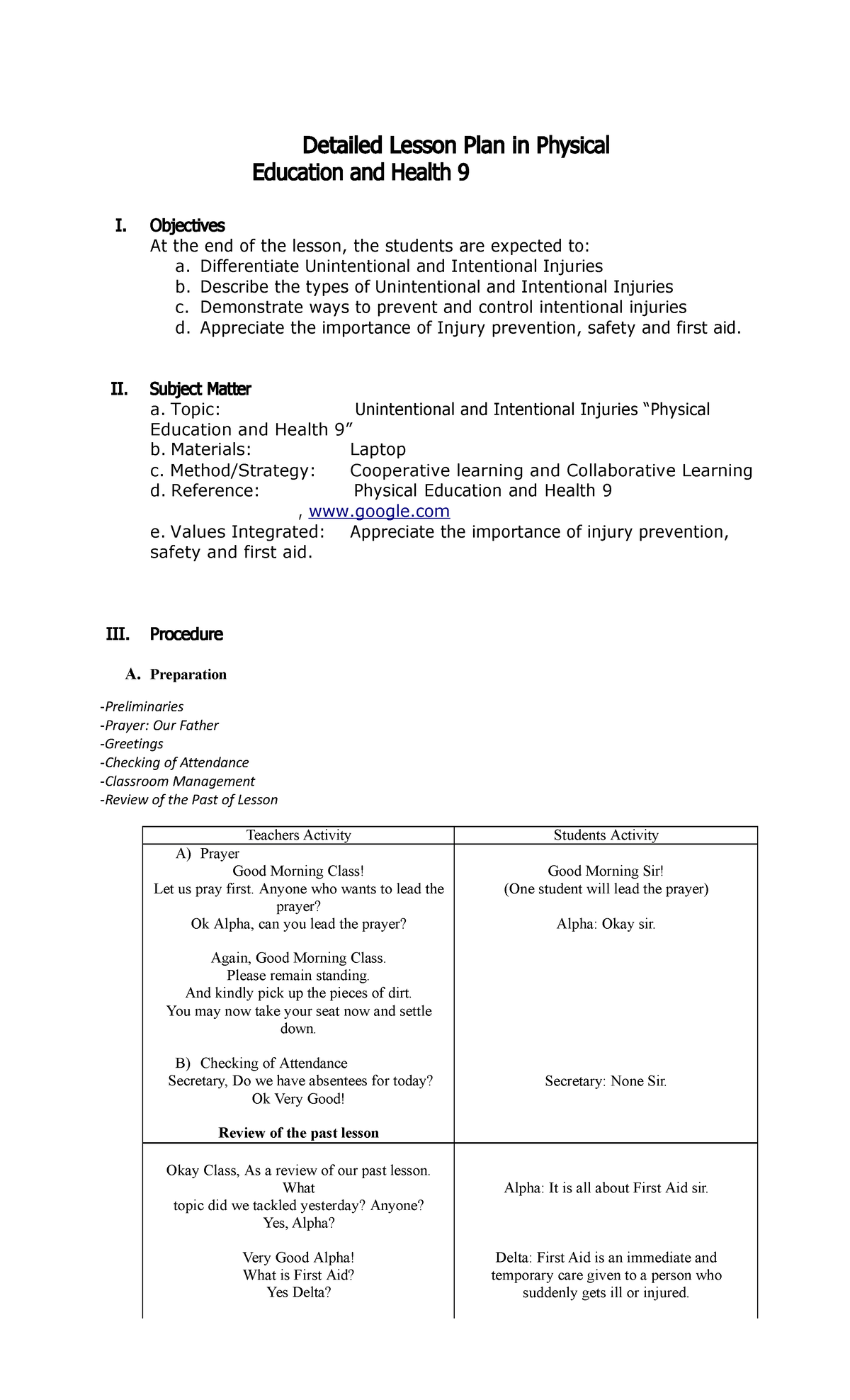 Detailed Lesson Plan on Unintentional & Intentional Injuries (PE ...