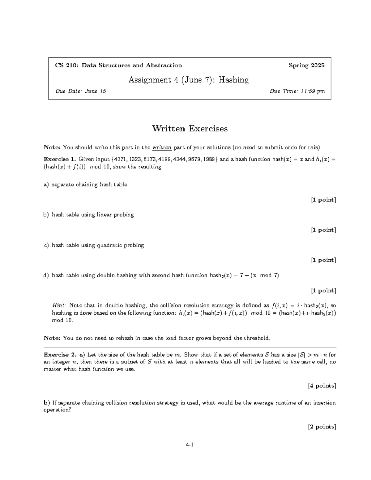 CS 210: Spring 2025 Assignment 4 - Hashing Exercises and Solutions ...