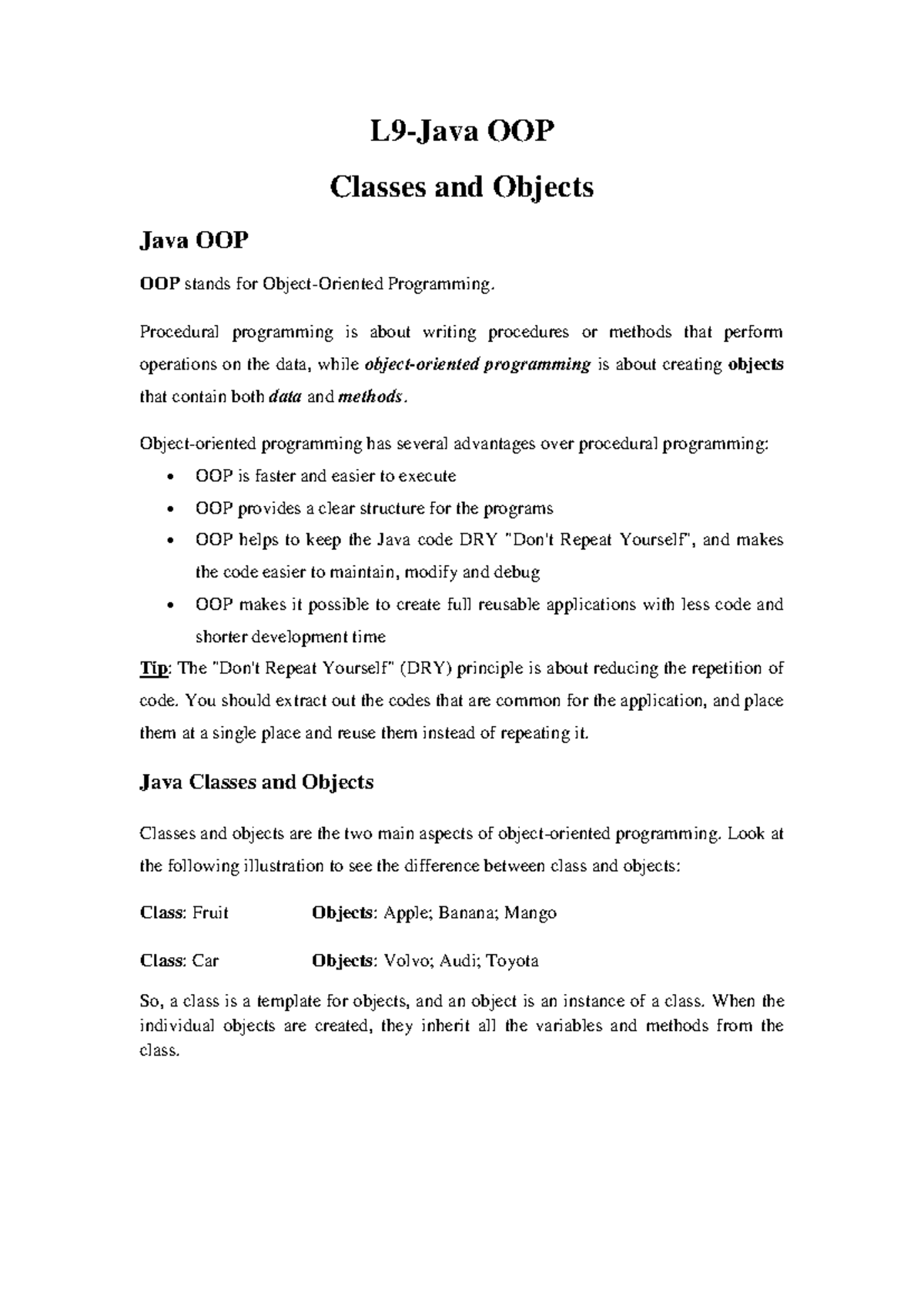 Java OOP: Classes and Objects Overview with Practice Questions - Studocu