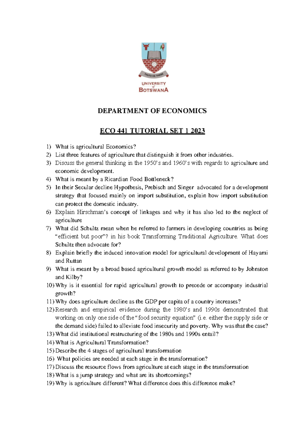 Tutorial SET; Agric ECO - DEPARTMENT OF ECONOMICS ECO 441 TUTORIAL SET ...