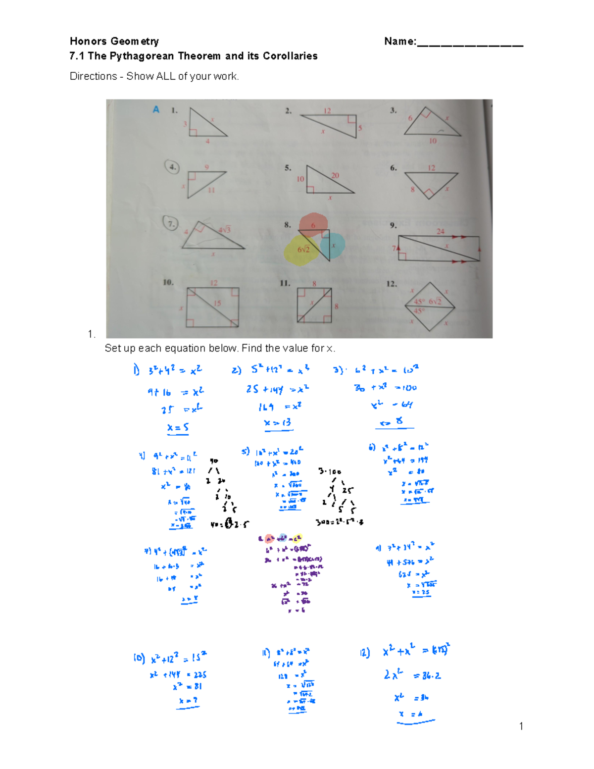 Honors Geometry 7.1: The Pythagorean Theorem and Corollaries Exam练习 ...
