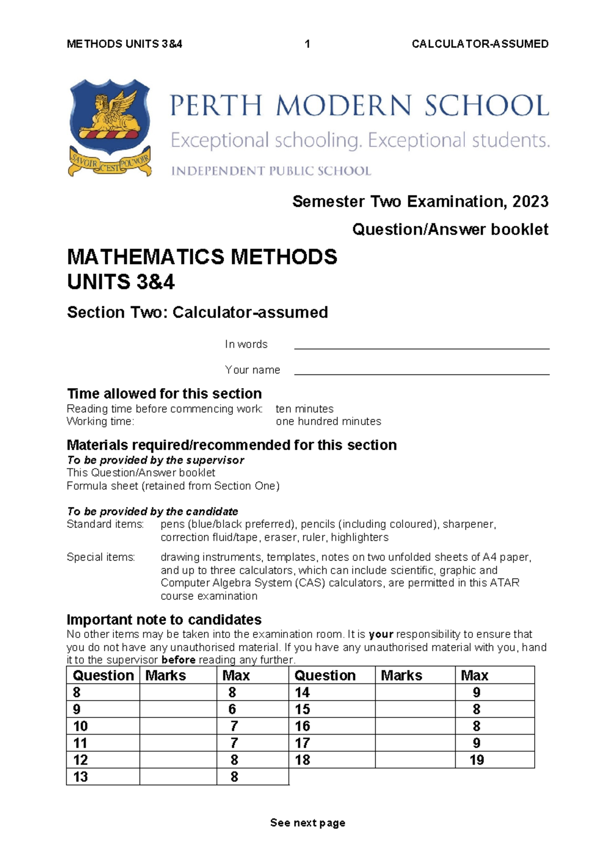 MATHEMATICS METHODS UNITS 1 Semester Two Exam 2023 Booklet - Studocu