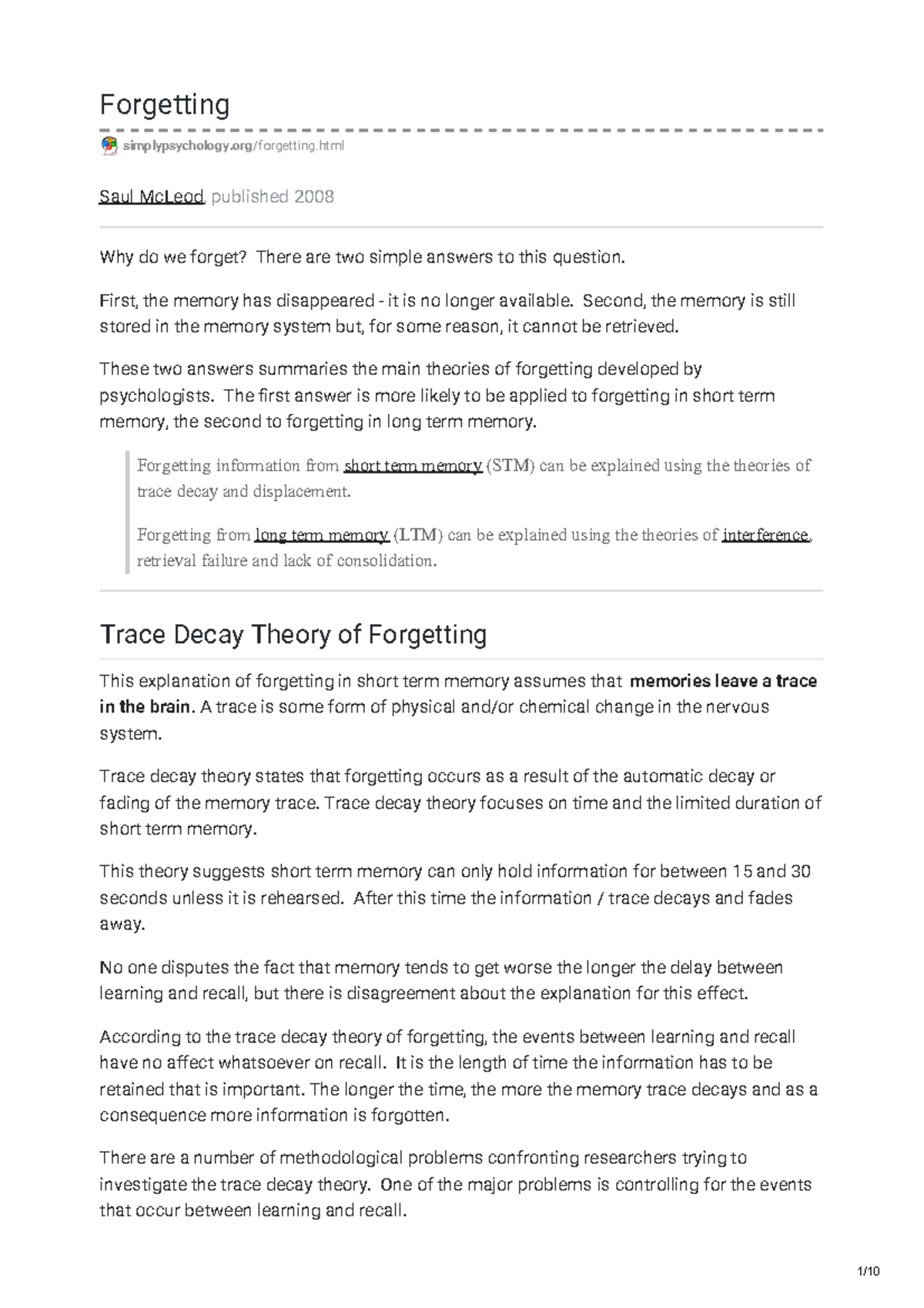 Psychology 101: Theories and Mechanisms of Forgetting Explained - Studocu