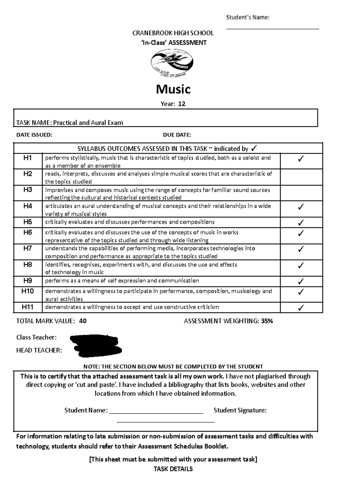 Prac & Aural Exam Details - Music Year 12 Assessment Task - Studocu