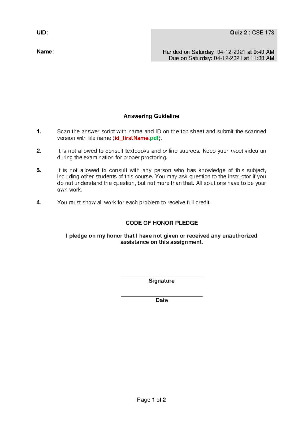 CSE 173 Quiz 2 Guidelines and Submission Instructions - Studocu