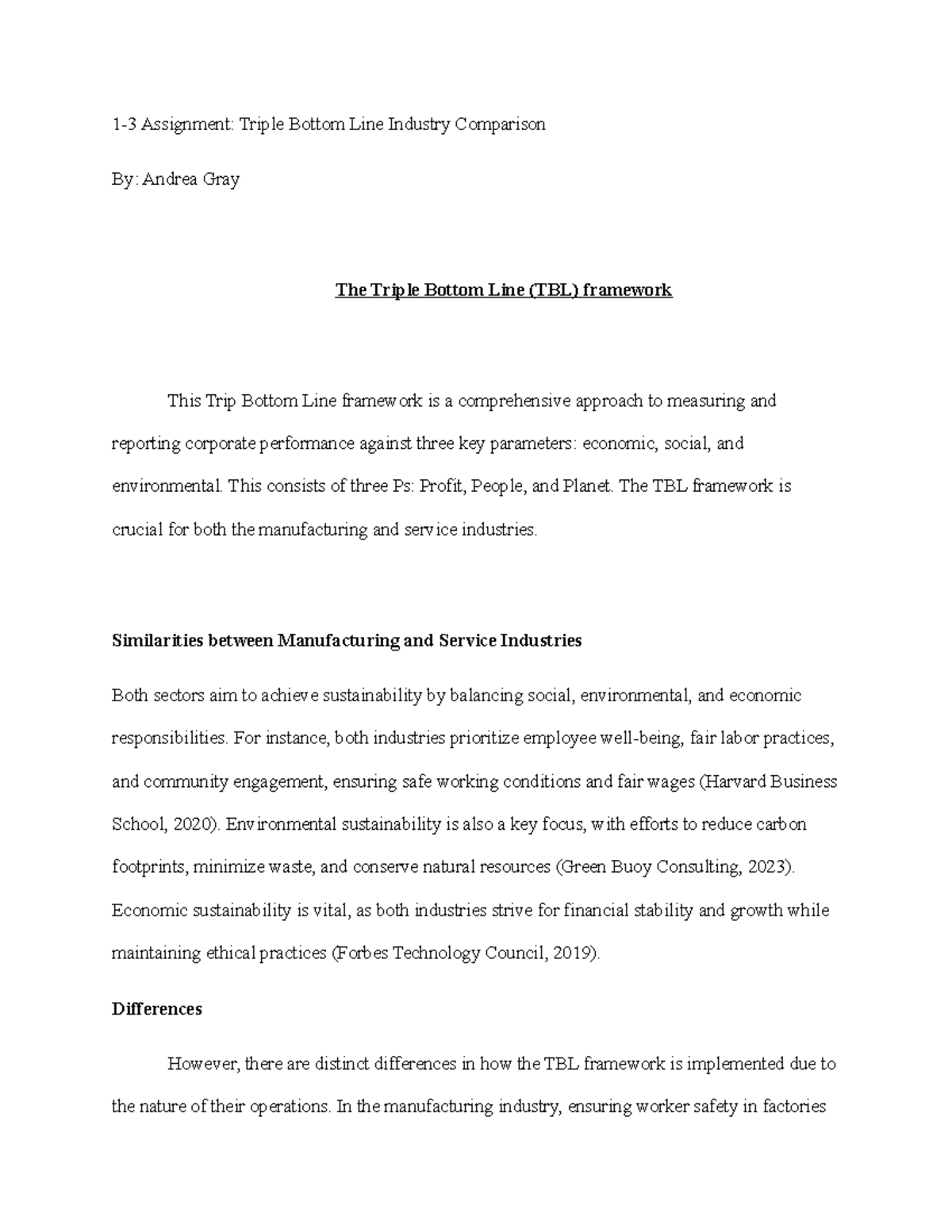 Module 1 Assignment: TBL Industry Comparison Analysis, PPP - Studocu
