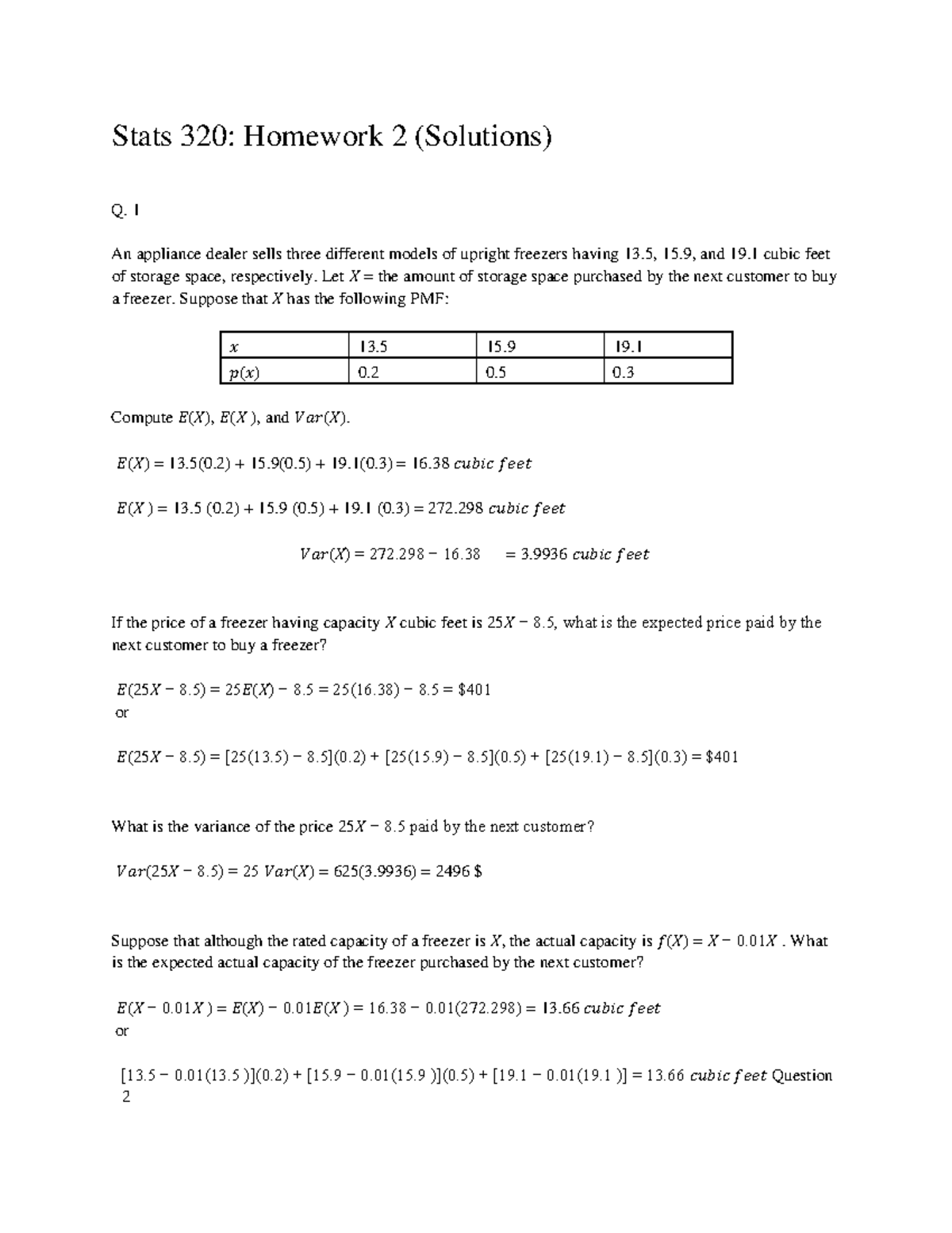 Stats 320: Homework 2 Solutions and Calculations - Studocu