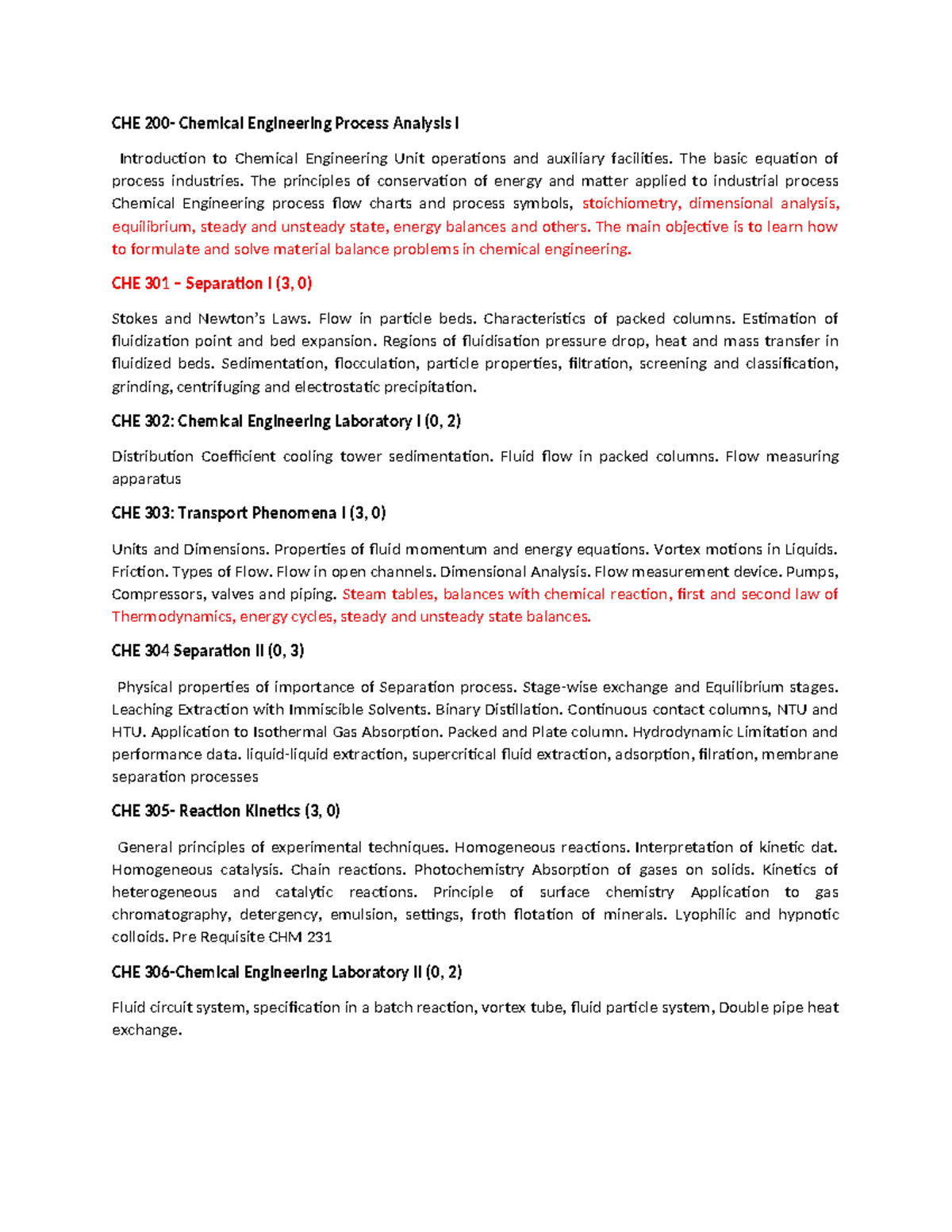 CHE 301-579: Comprehensive Chemical Engineering Course Descriptions ...