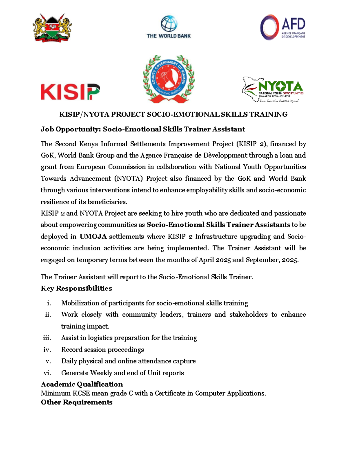 KISIP 2 & NYOTA Project: Socio-Emotional Skills Trainer Asst. Summary ...