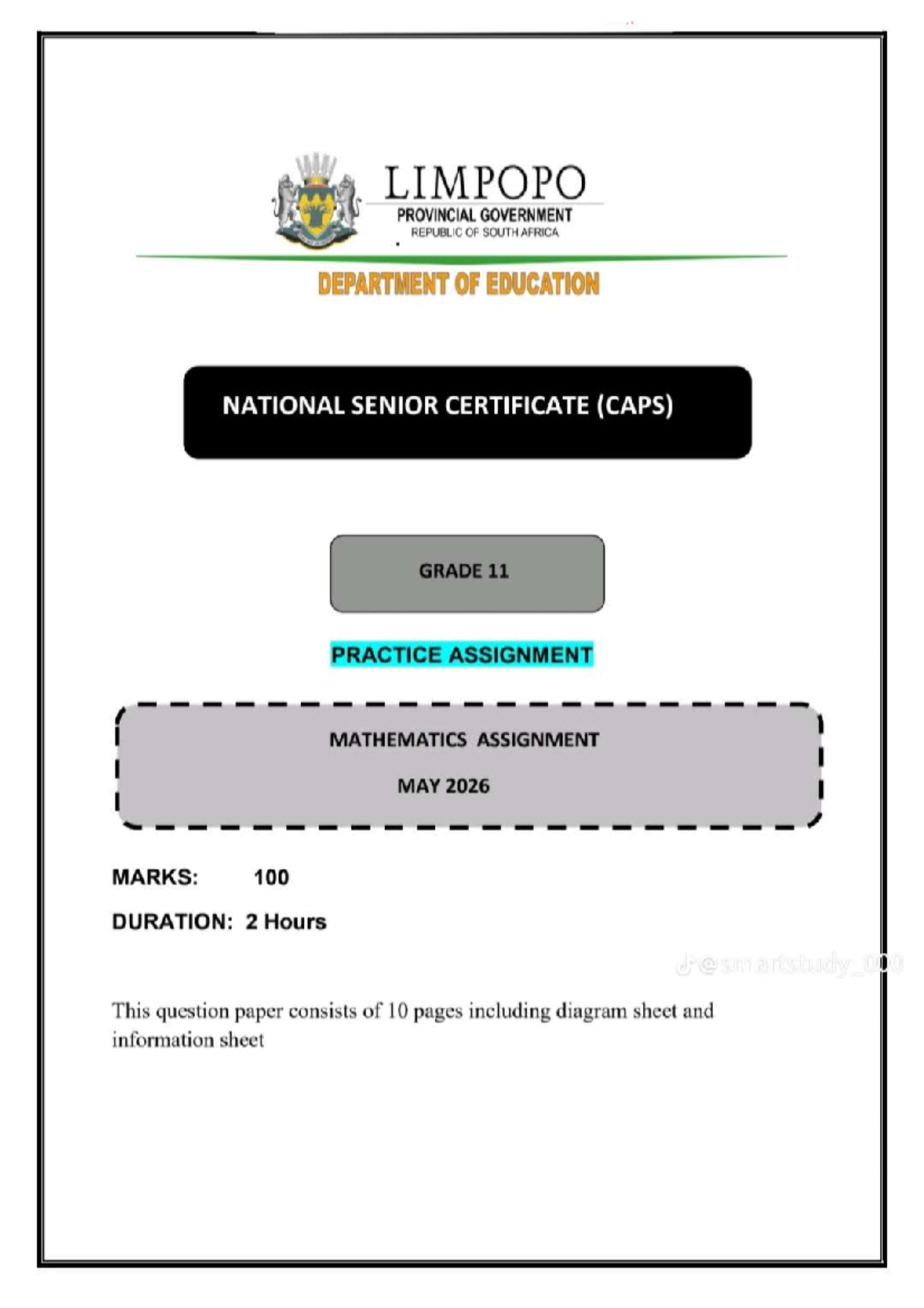 LIMPOPO PROVINCIAL GOVT NSC MATHS ASSIGNMENT PRACTICE 2 - MAY 2026 ...