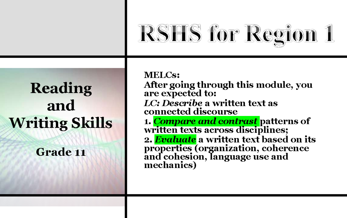 Grade 11 Reading and Writing Lesson 1: Text Analysis Skills - Studocu