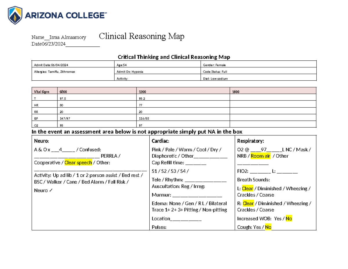 Clinical Reasoning Map 1 for Hypoxia & Pneumonia Case Study - Studocu
