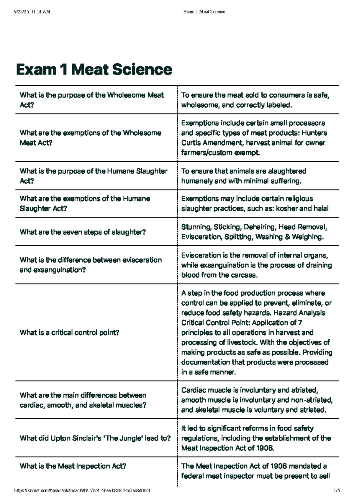 Exam 1 Meat Science: Key Concepts and Regulations - Studocu