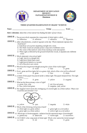 First quiz 4th quarter - quiz for students grade 7 science - First quiz ...