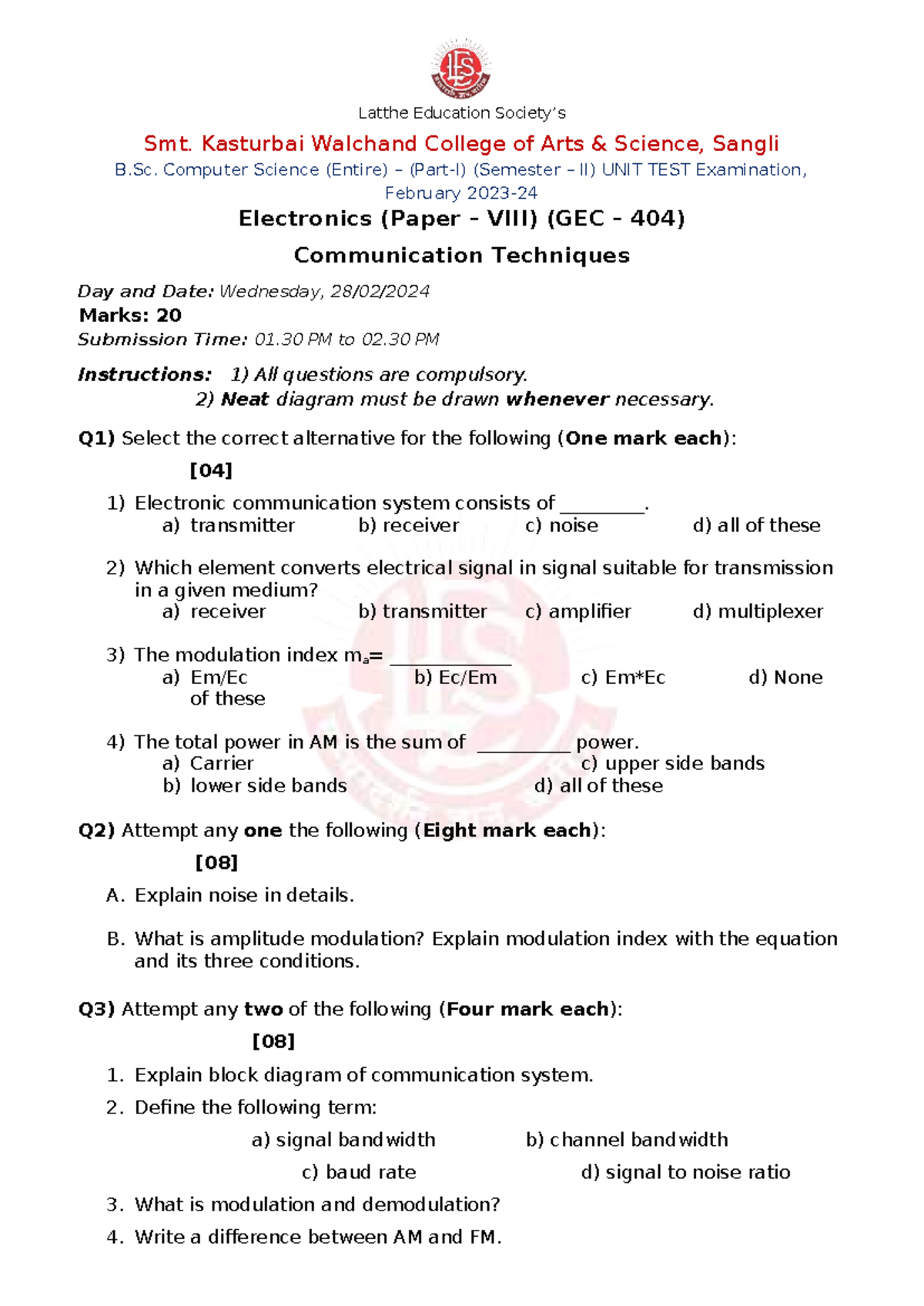 B.Sc. Computer Science (Sem II) Unit Test: Communication Techniques ...