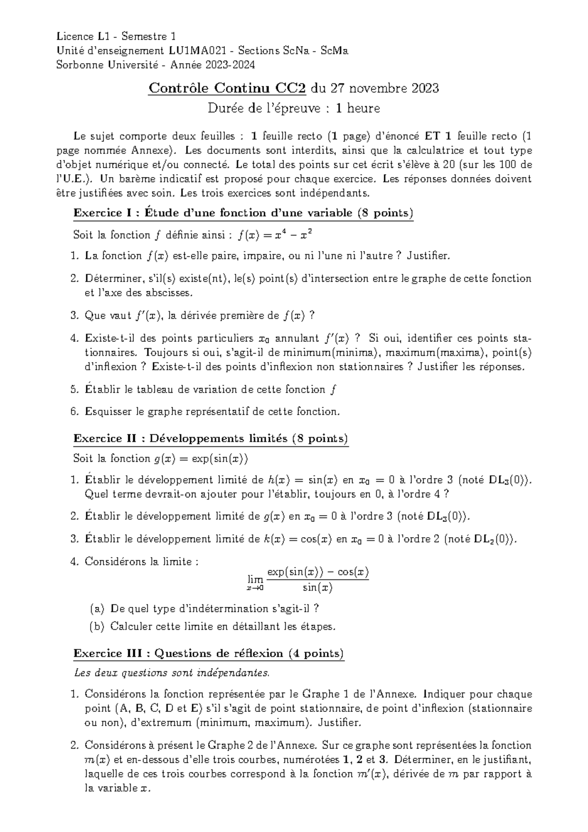 Licence L1 Semestre 1 LU1MA021 CC2 Examen de Mathématiques du 27/11 ...