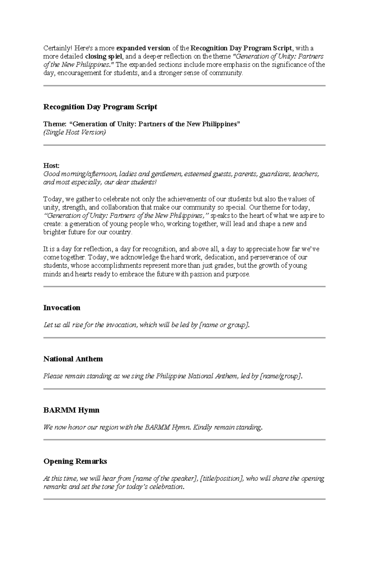 Recognition Day Program Script: Unity Theme (Expanded Version) - Studocu