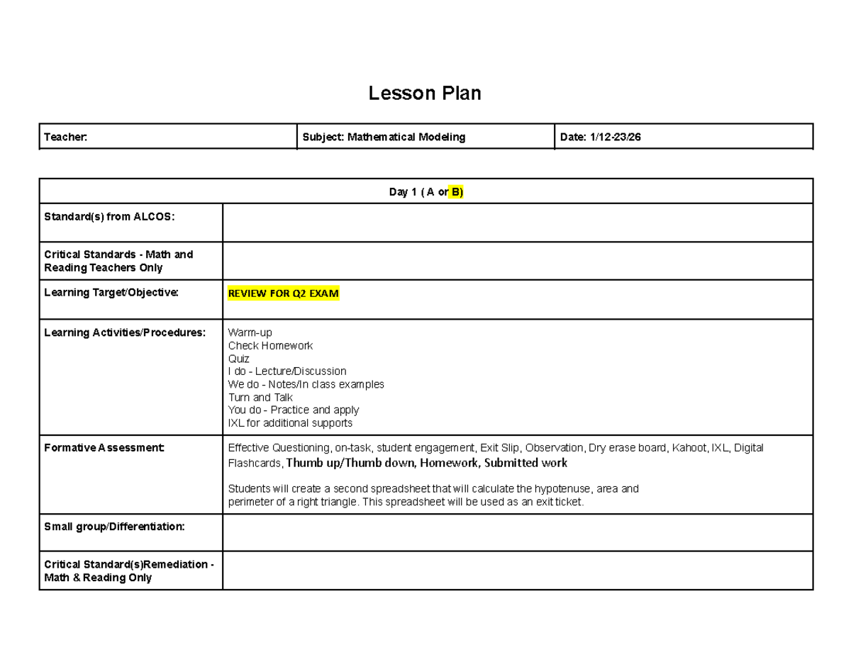 Mathematical Modeling 1 (MM1) Lesson Plan Template 2025-2026 - Studocu