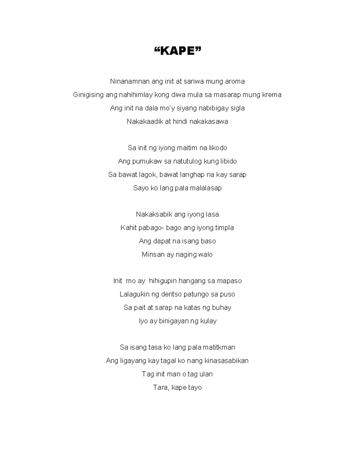 KAPE - TULA SA PANITIKAN (GEE2): Likhang Sining Tungkol sa Kape - Studocu