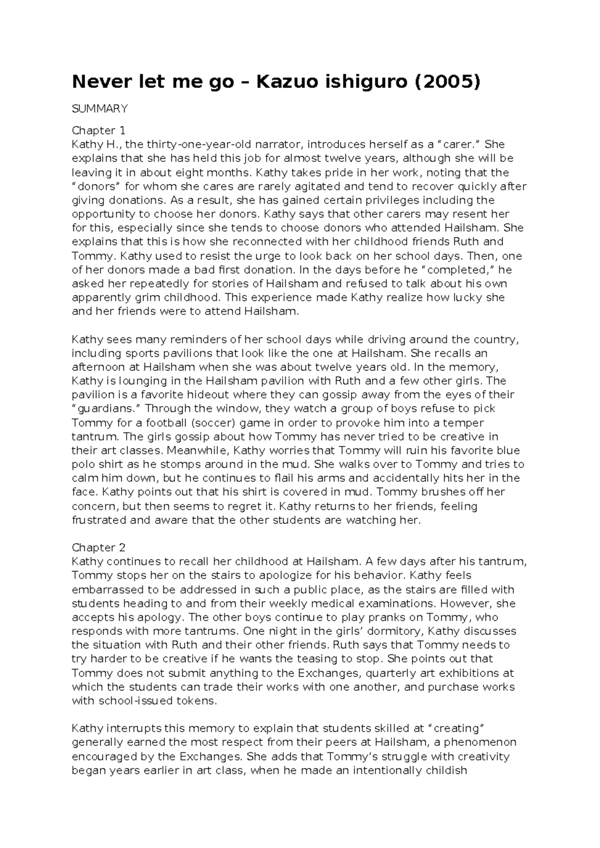 Never Let Me Go (ENG100) - Samenvatting en Achtergrond van Kazuo ...