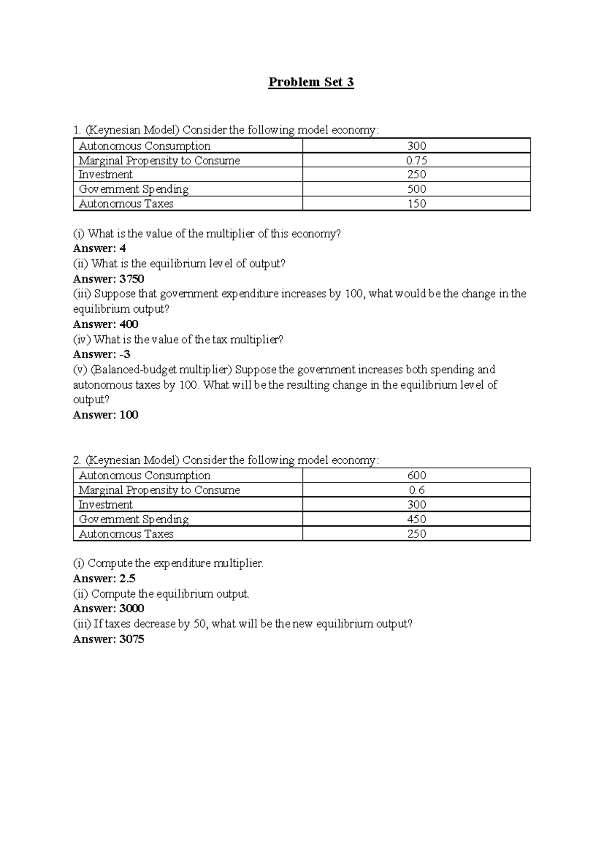 PS3 Answers: Keynesian Model & CPI Calculations - Studocu