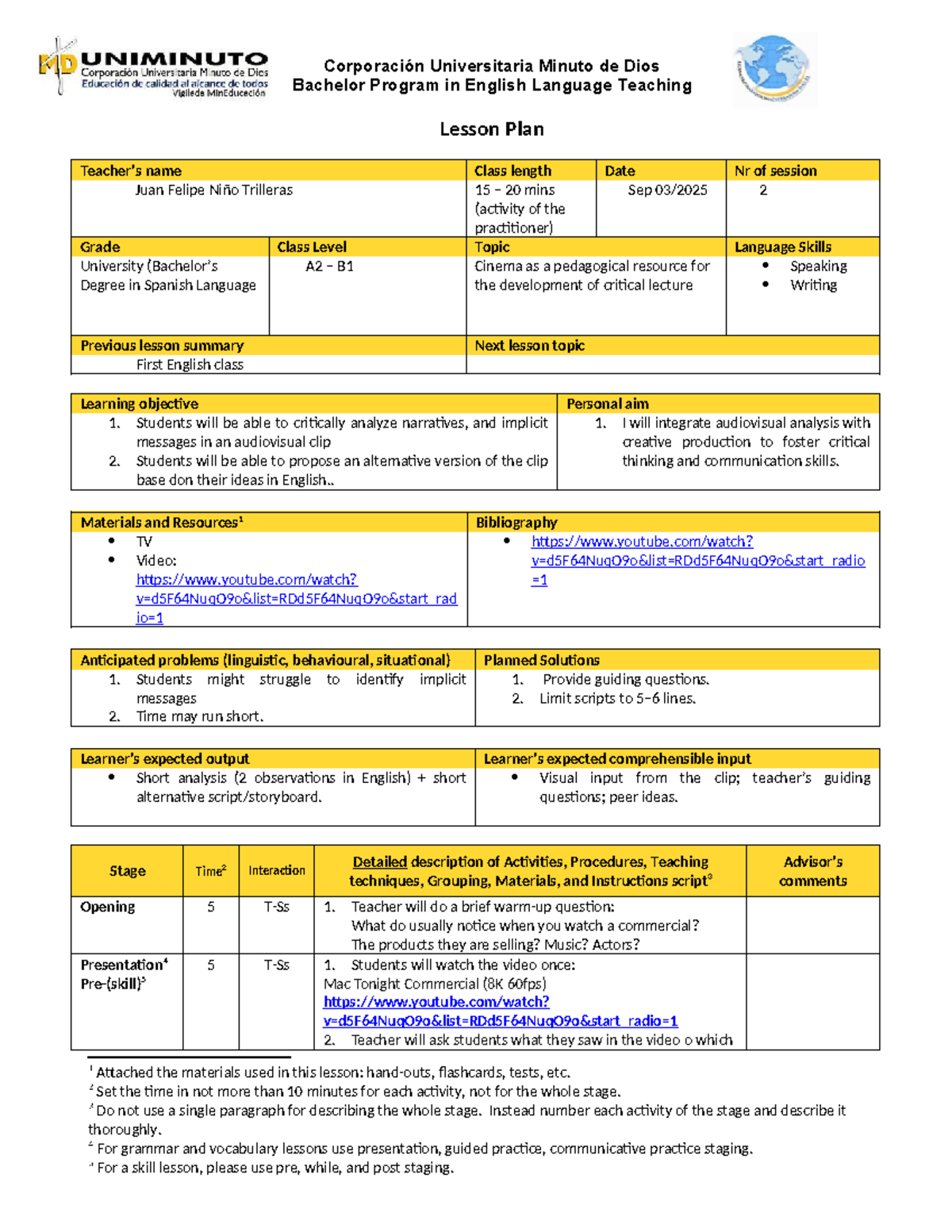 Lesson Plan A2-B1: Cinema as a Pedagogical Resource - Studocu