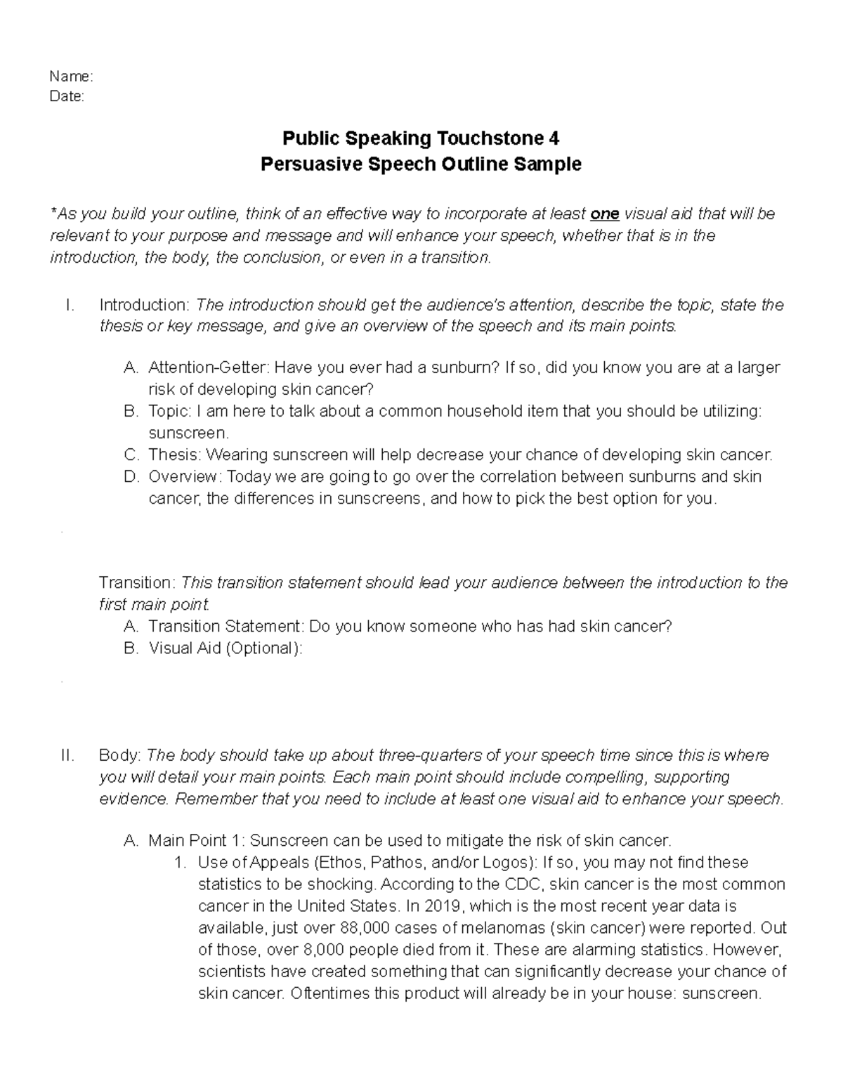Public Speaking (COM 101) Touchstone 4 Persuasive Speech Outline Sample ...