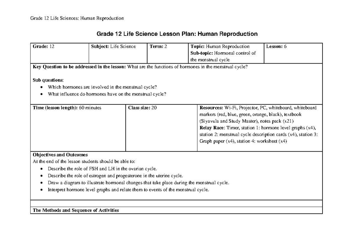 Grade 12 Life Science Lesson Plan: Human Reproduction & Hormones - Studocu