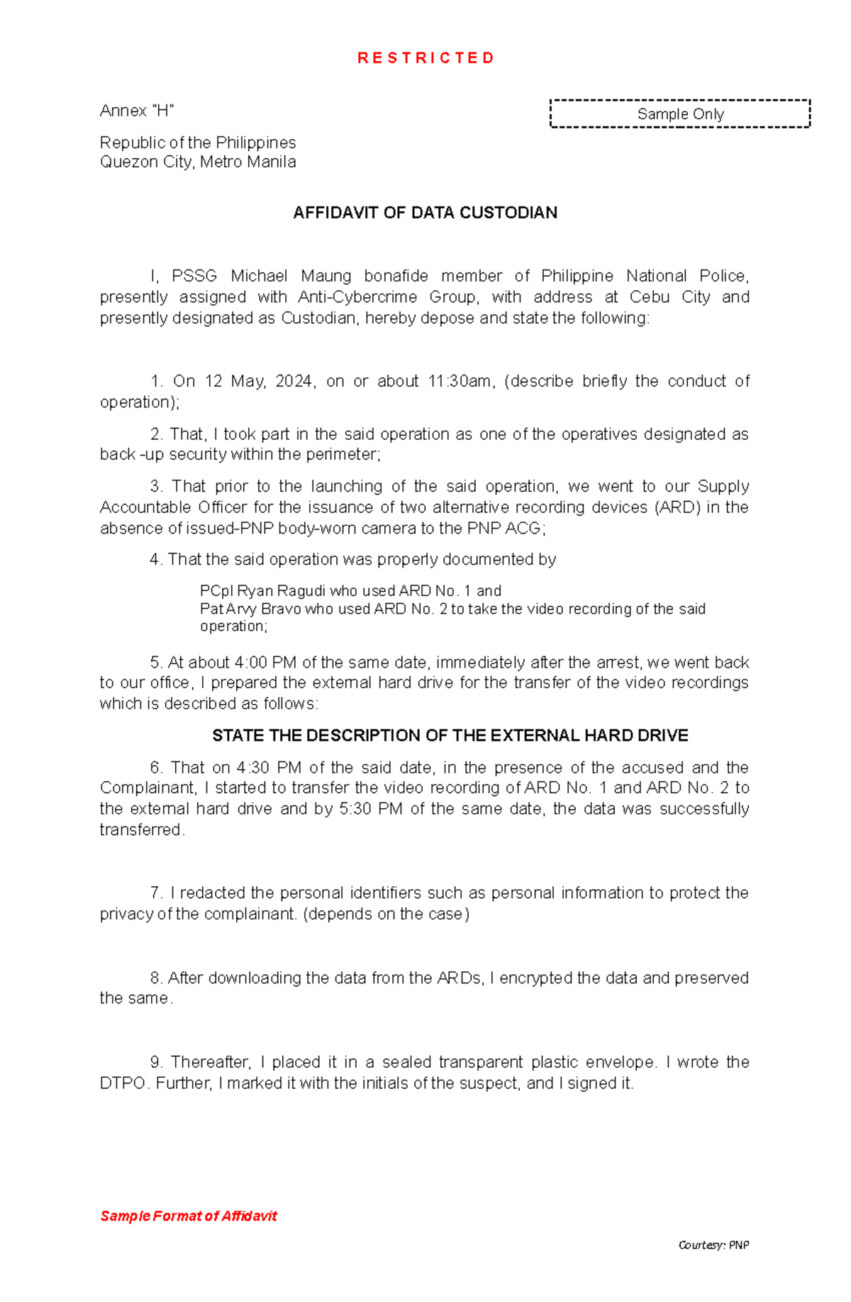 Affidavit of Data Custodian - PNP Case Documentation Sample - Studocu