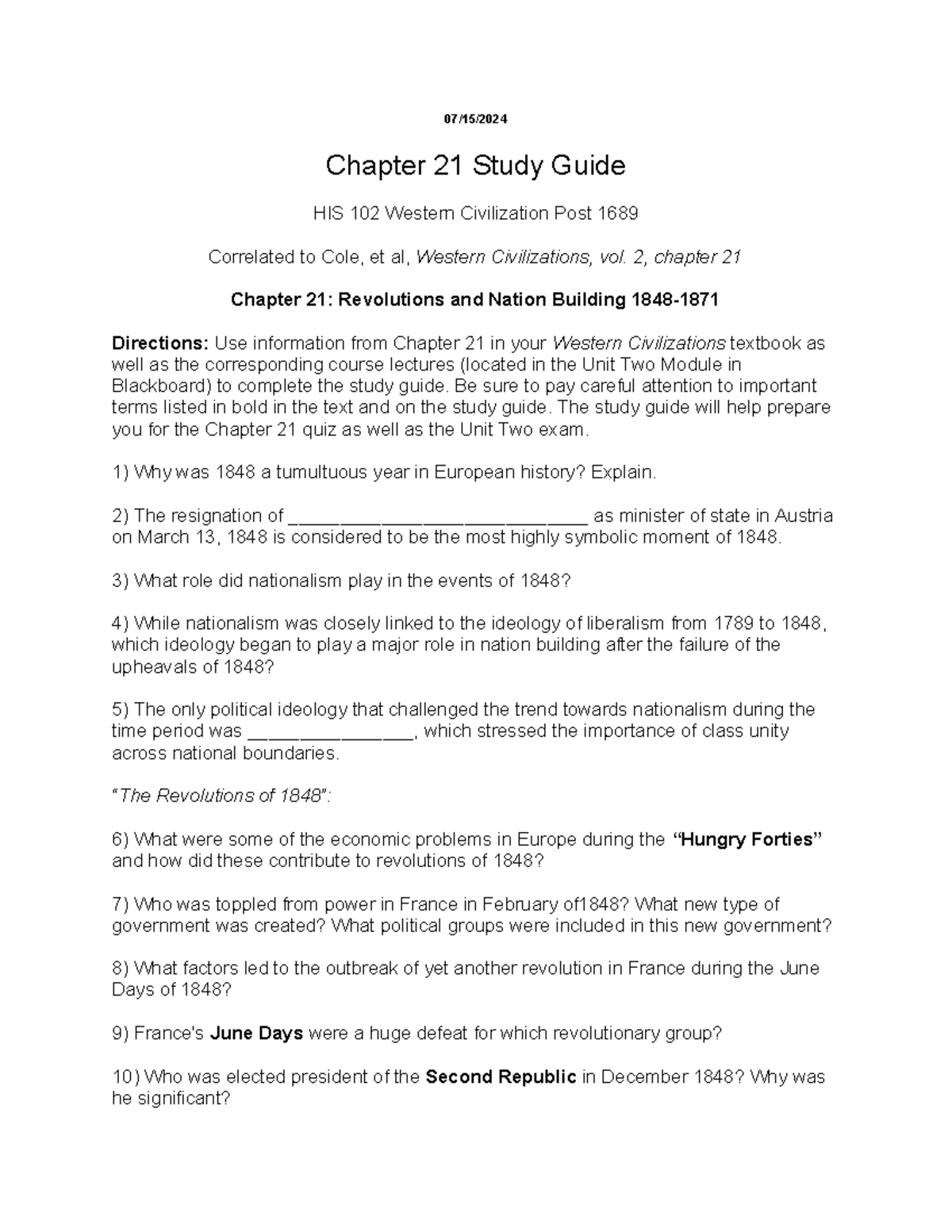 Chapter 21 Study Guide HIS 102: Revolutions & Nation Building in Europe ...