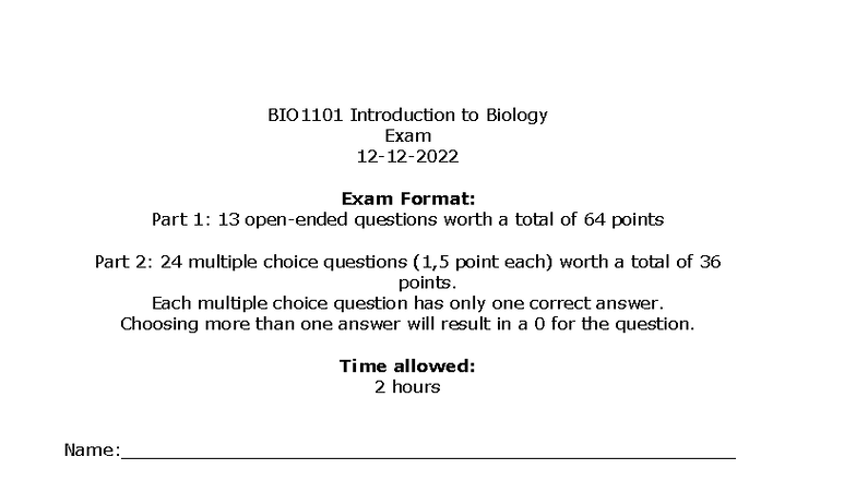 BIO1101 Final Exam Format and Guidelines for Introduction to Biology ...