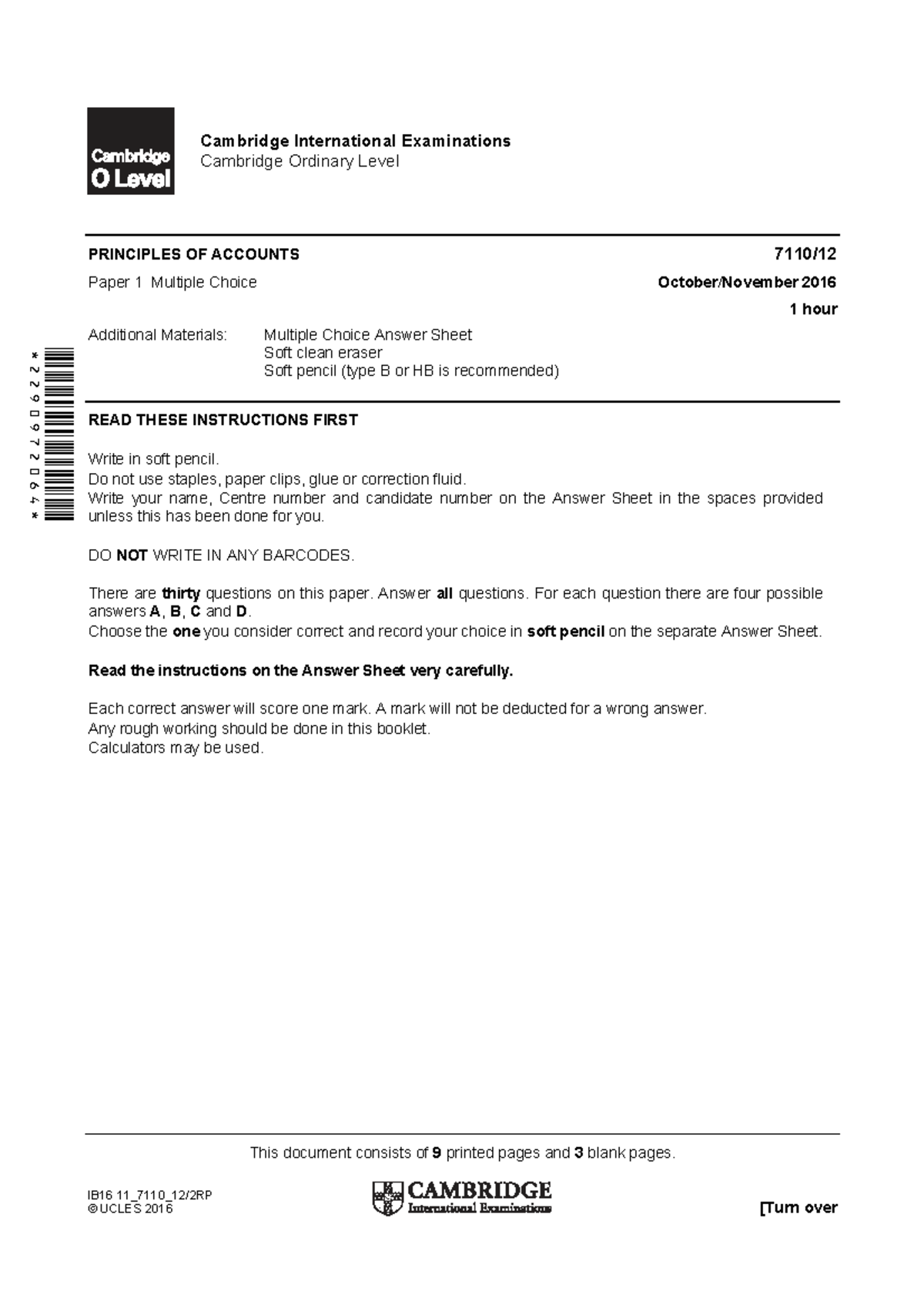 Cambridge O Level Principles of Accounts Paper 1 MCQ 2016 Exam Guide ...