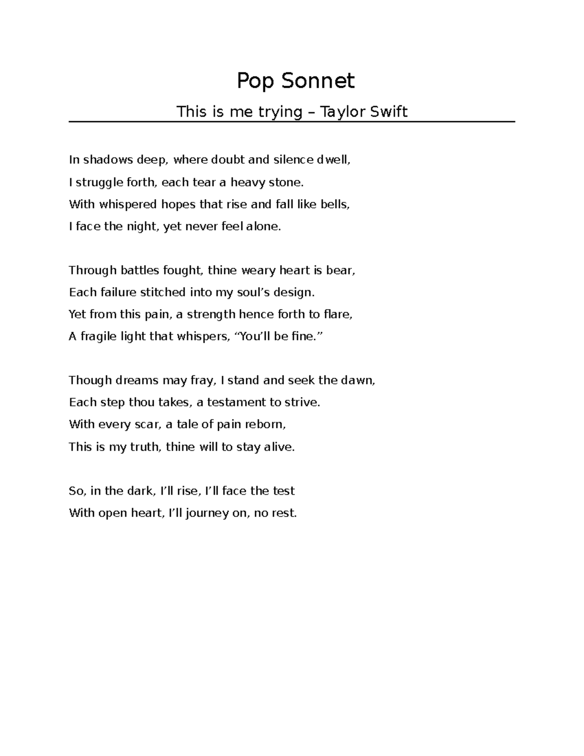 Pop Sonnet Analysis: A Taylor Swift Exploration of Resilience - Studocu