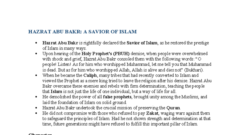 6- Hazrat Abu Bakr: The Savior of Islam and His Legacy - Studocu