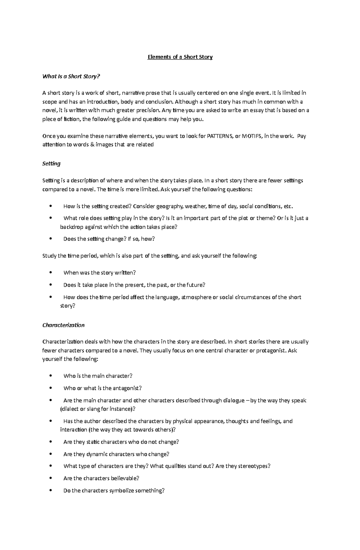 Elements of a Short Story: Key Components and Analysis Guide - Studocu