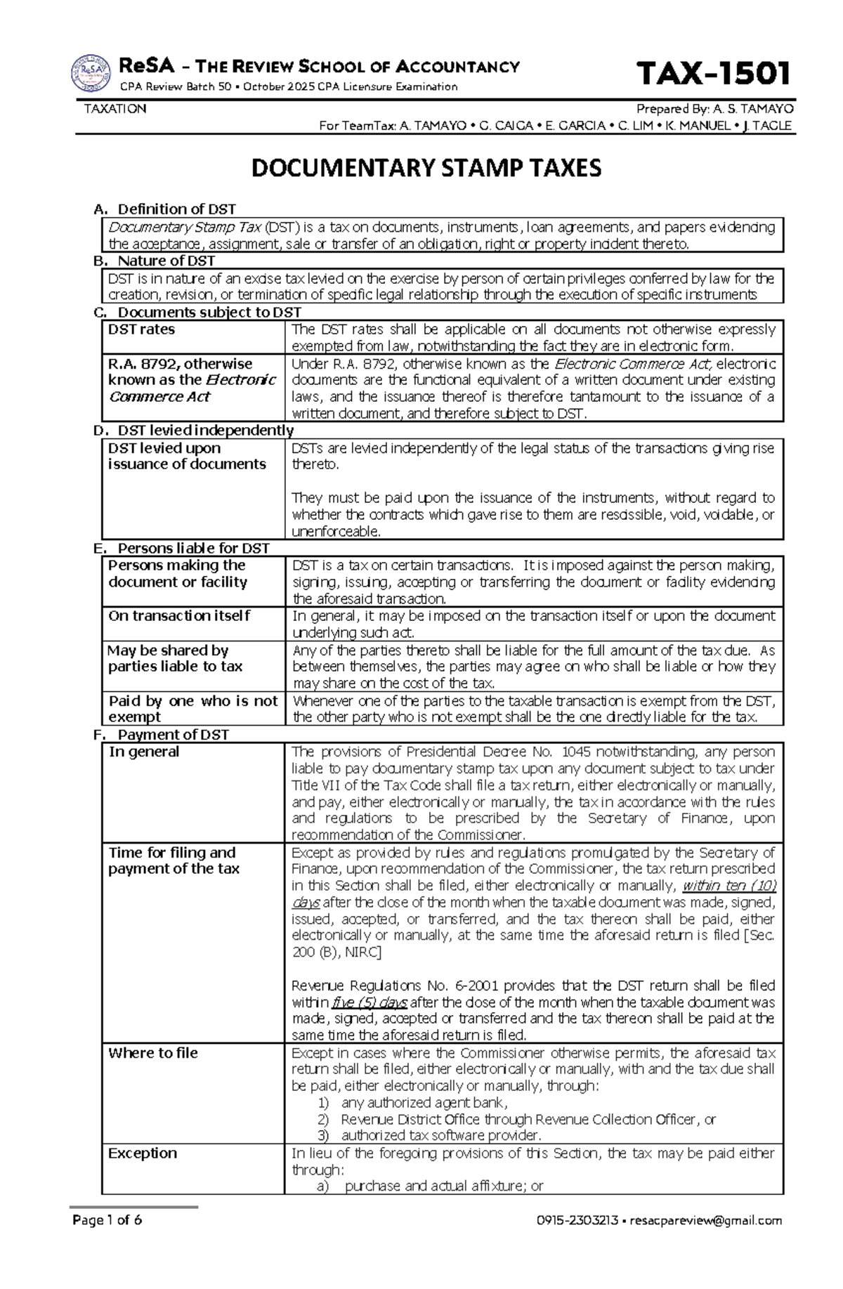 ReSA CPA Review Batch 50: Documentary Stamp Taxes Overview - Studocu