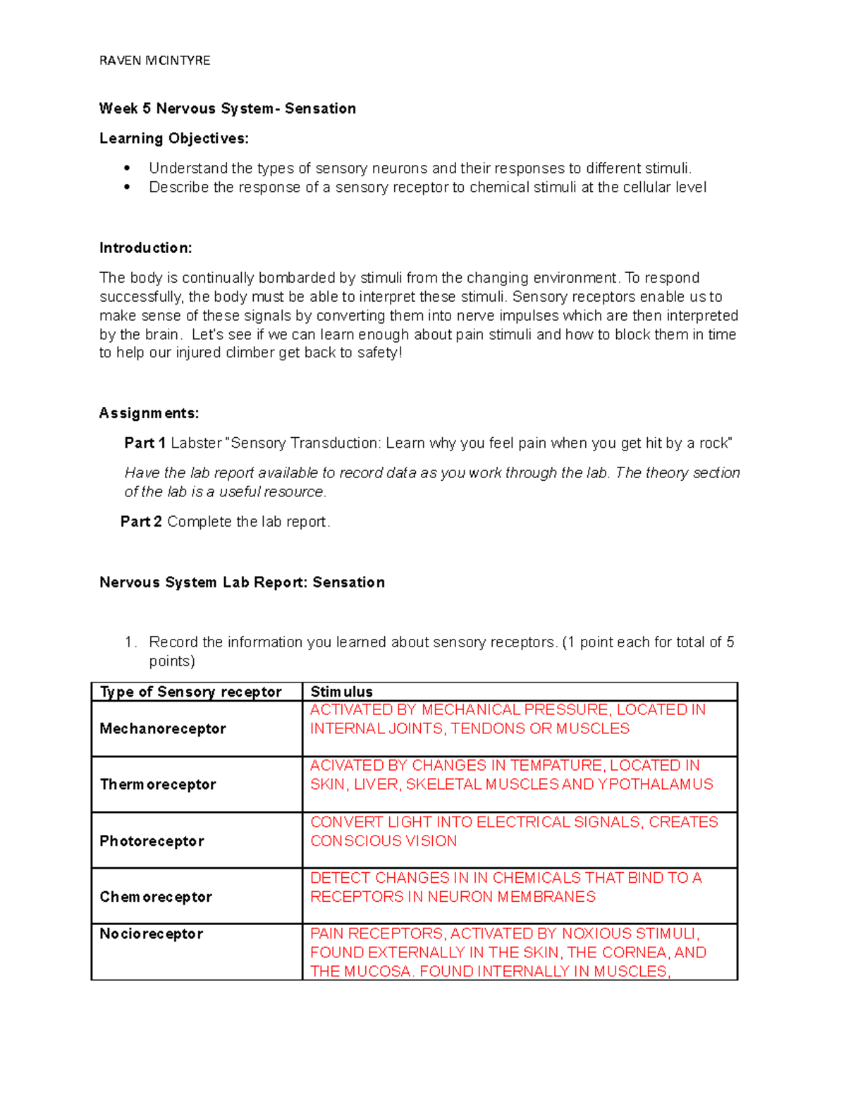 Week 5 Nervous System: Sensation & Sensory Receptors Overview - Studocu