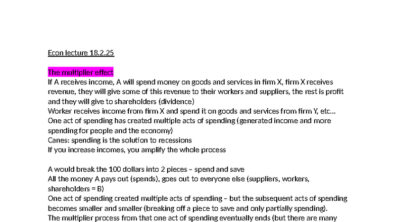 Econ Lecture 18: Understanding the Multiplier Effect in Economics - Studocu