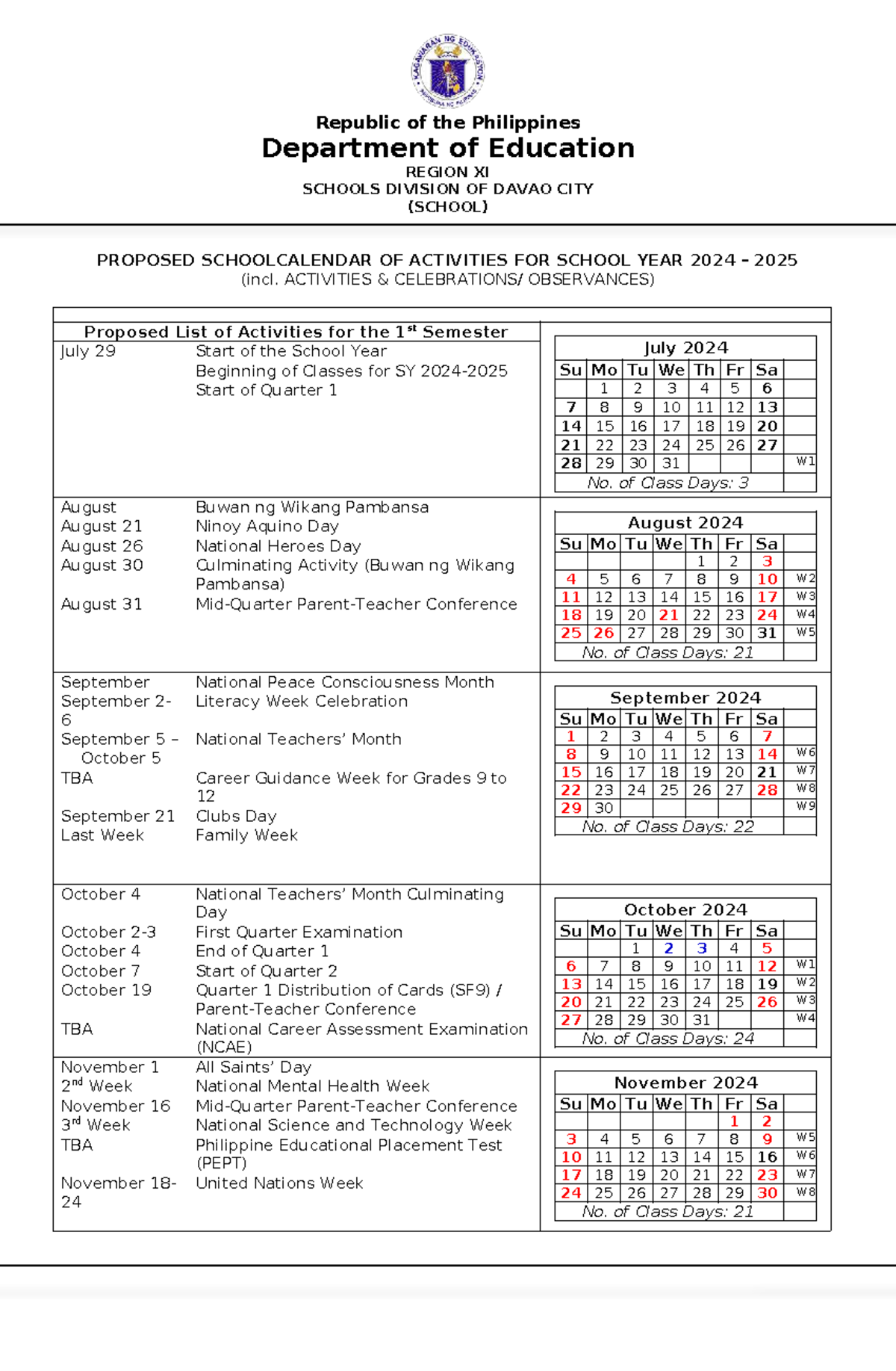 Proposed School Calendar of Activities SY 2024-2025 - Studocu