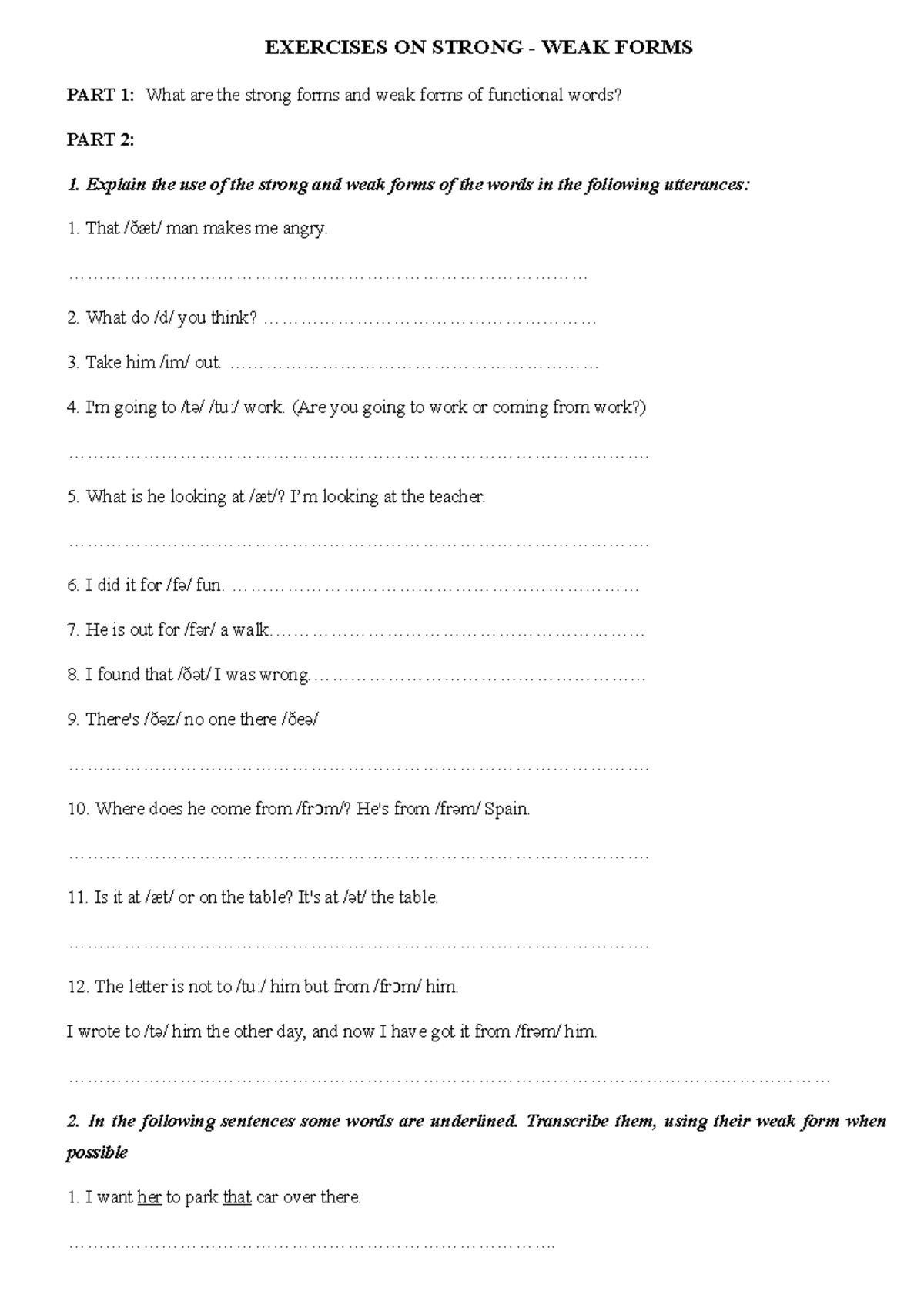 Exercises on Strong & Weak Forms for English Language Learning - Studocu