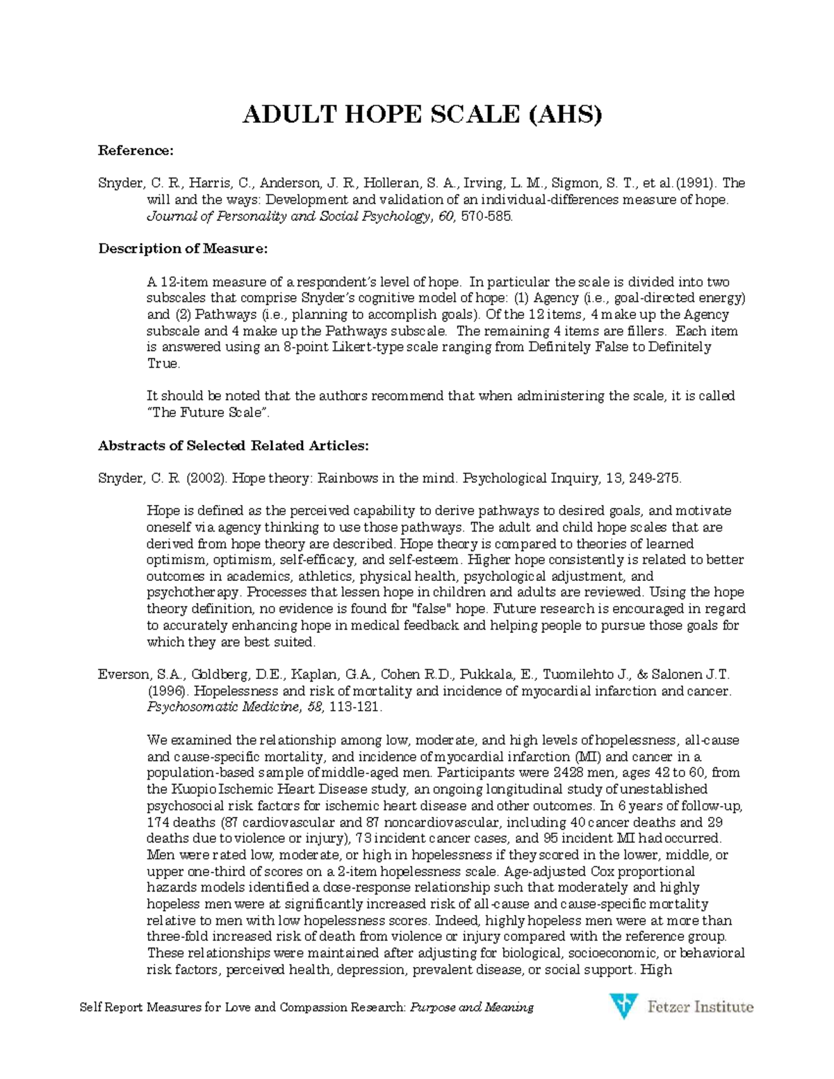 Adult Hope Scale (AHS) - Questionnaire and Measure Overview - Studocu