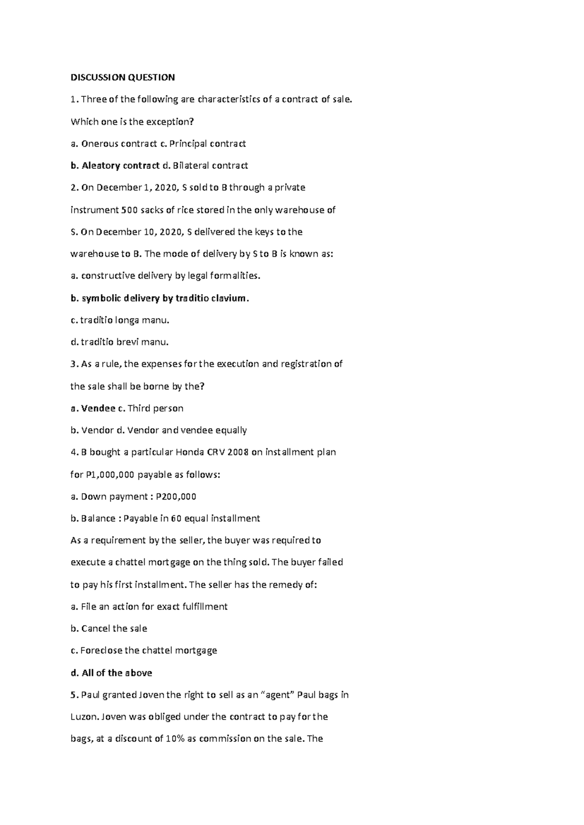 Discussion Questions on Contract of Sale - JBD, BEW.DWAL - Studocu