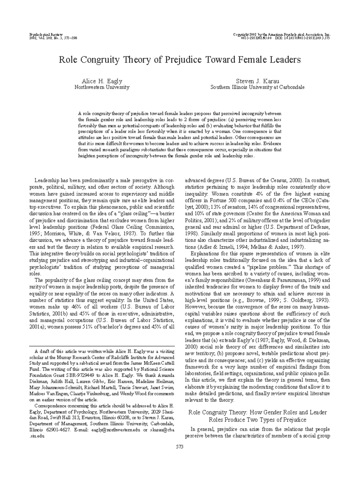 Role Congruity Theory of Prejudice Against Female Leaders: Insights ...