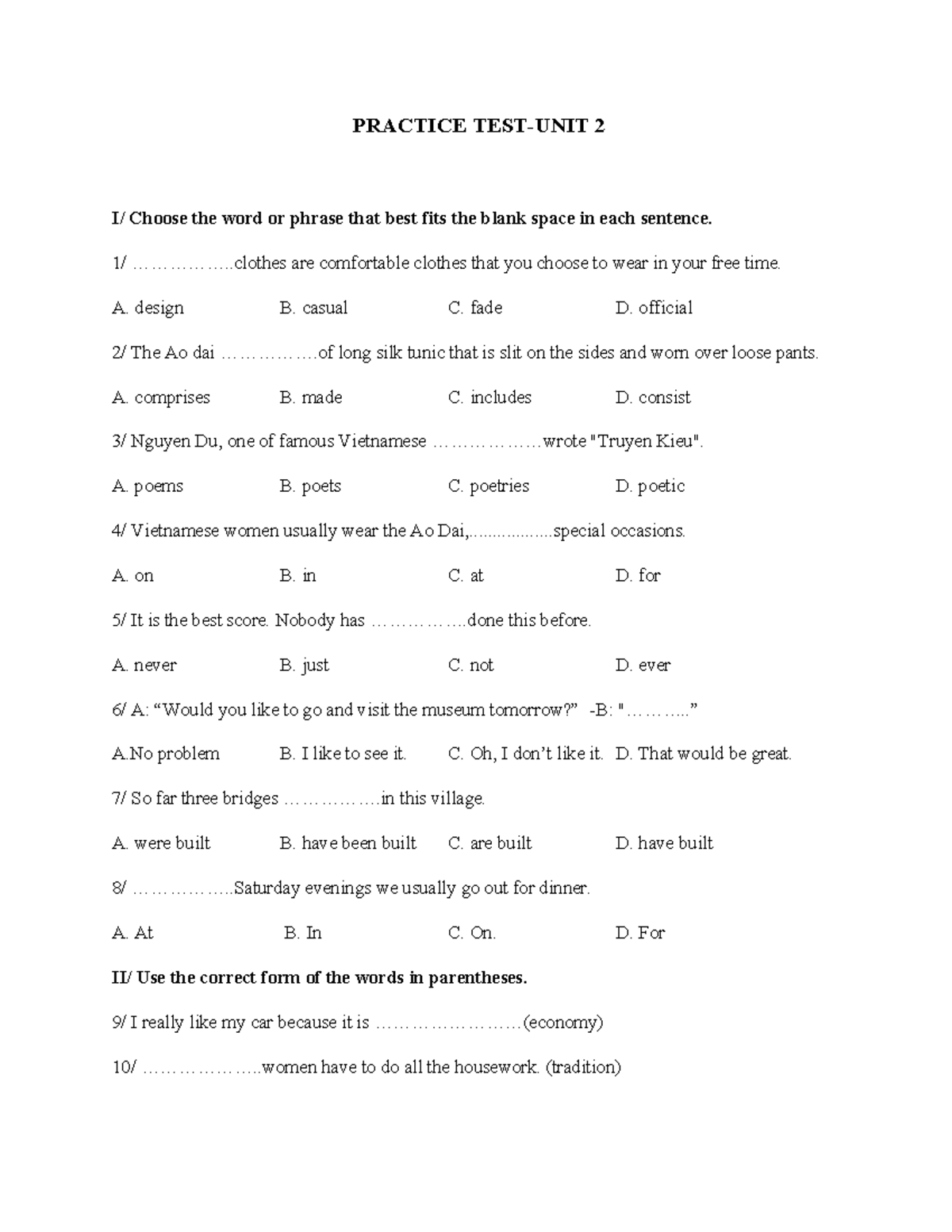Practice Test: Fill in the Blanks and Word Forms - Studocu